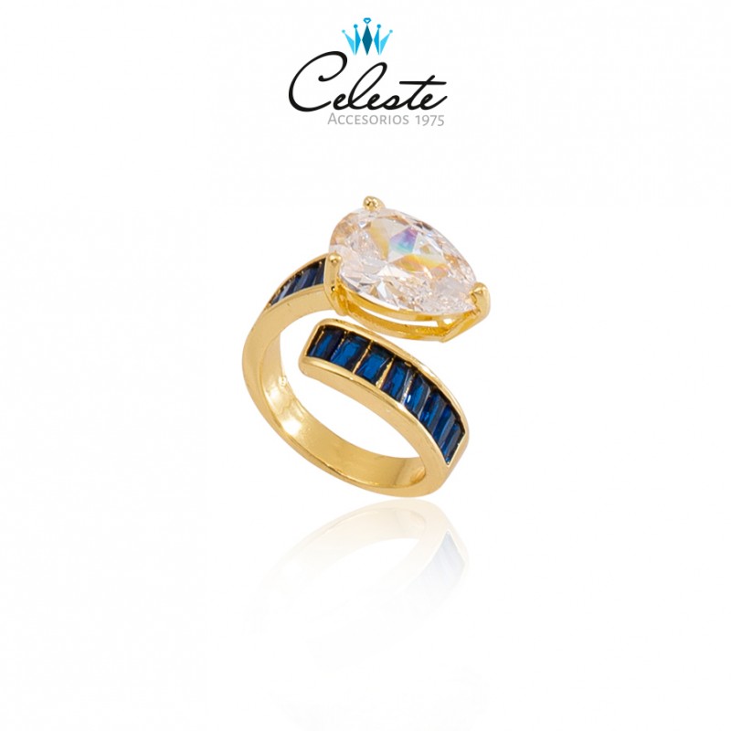 A468 - ANILLO GRANDE ZIRCONES ZAFIRO BAGUETTE Y ZIRCON GRANDE LAGRIMA ...